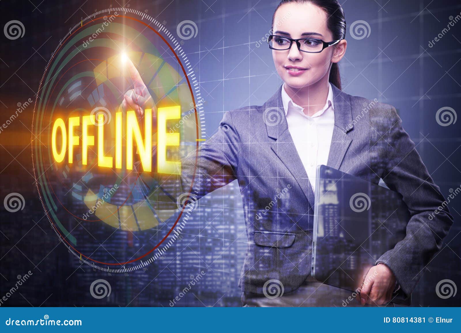 The Businesswoman Pressing Virtual Button Offline Stock Illustration ...