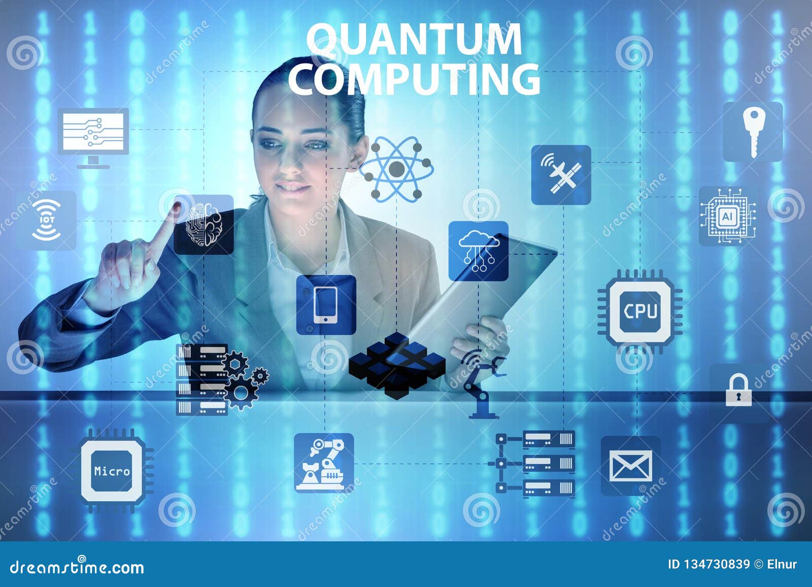 The Businesswoman Pressing Virtual Button in Quantum Computing Concept ...
