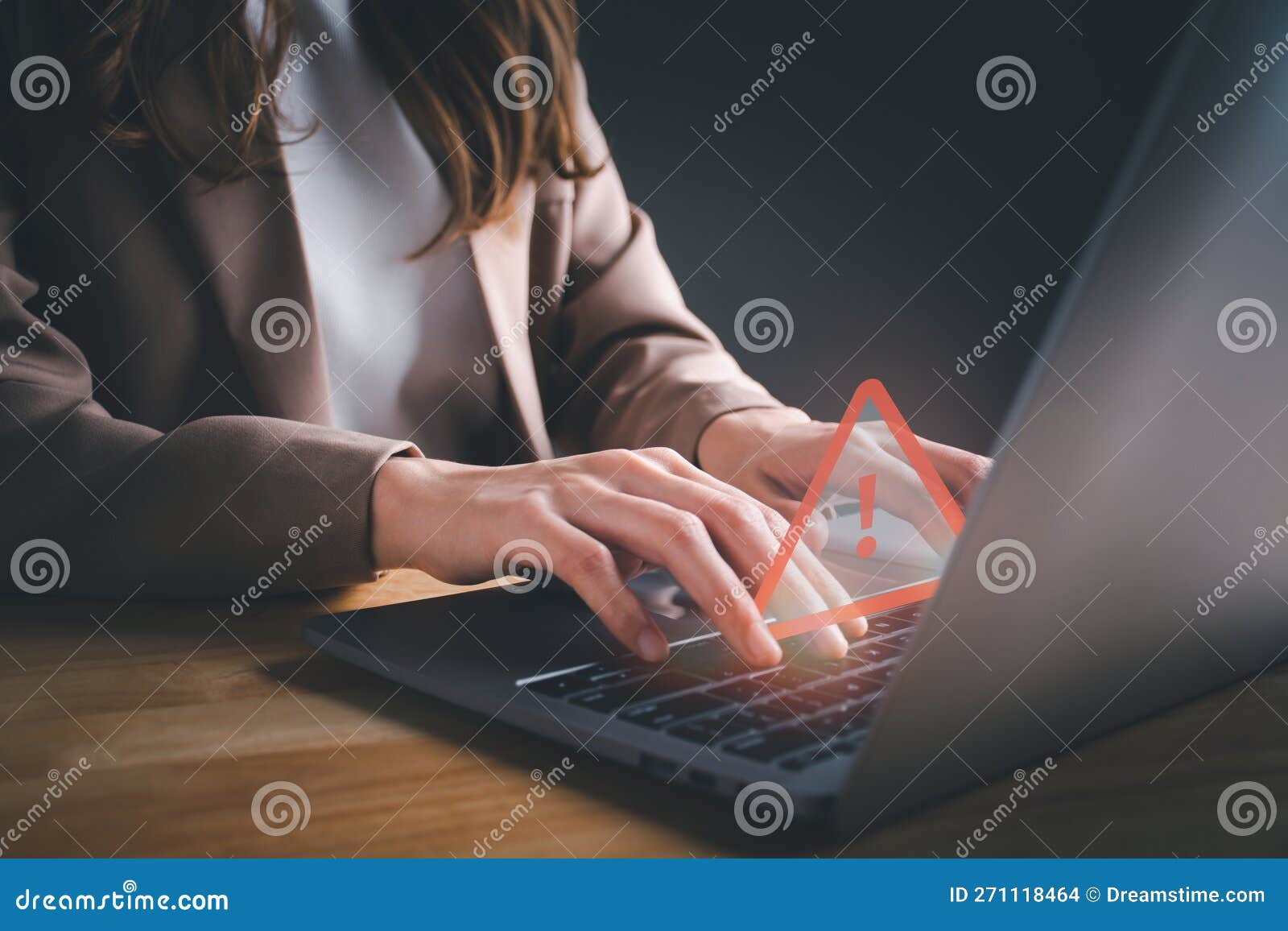 Businesswoman or Programmer Using Computer Laptop with Triangle Caution ...