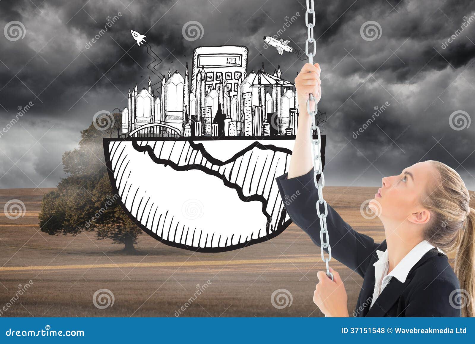 Businesswoman Pulling a Chain Stock Photo - Image of caucasian, dark ...