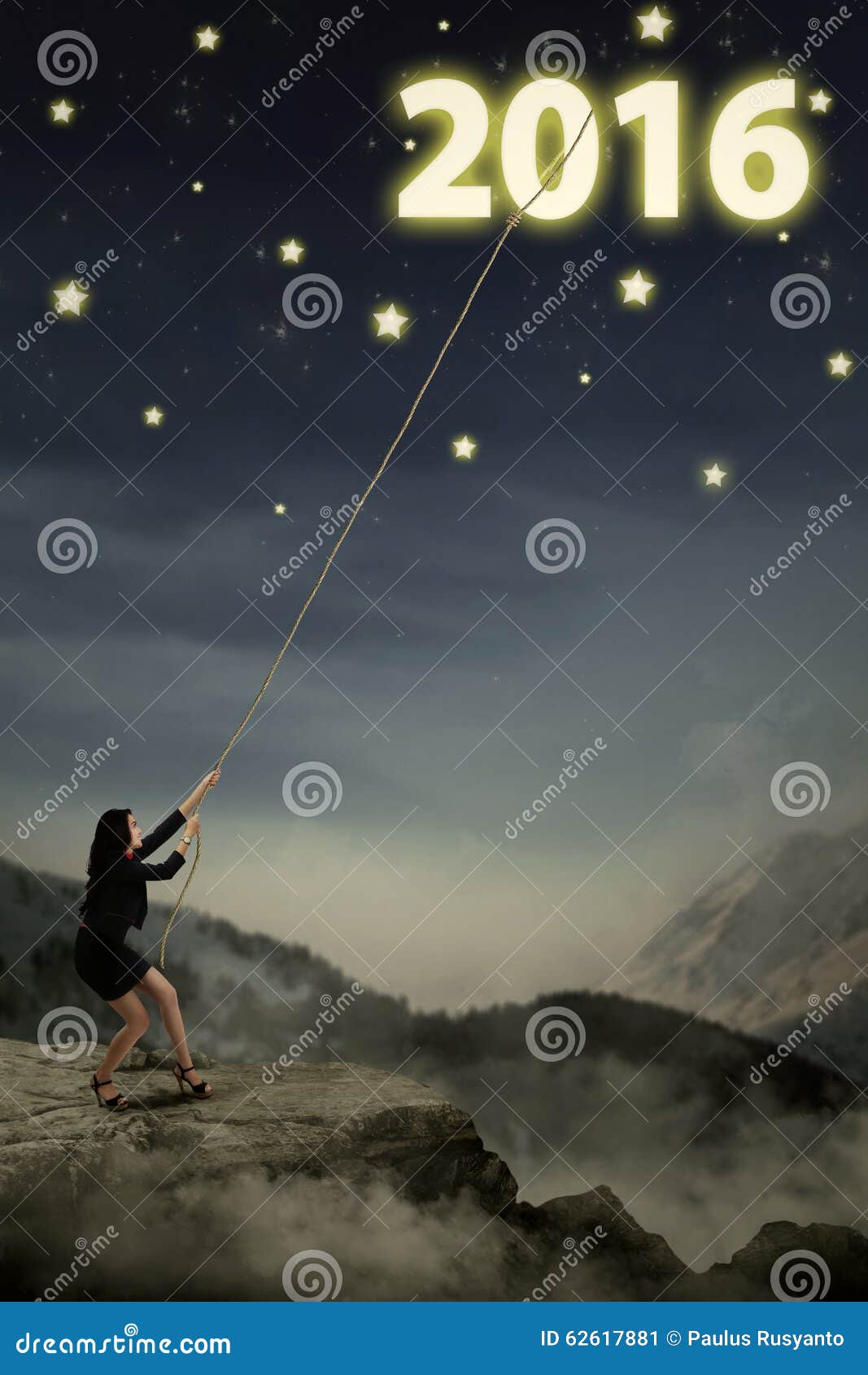 Businesswoman Pulling Numbers 2016 at the Sky Stock Image - Image of ...