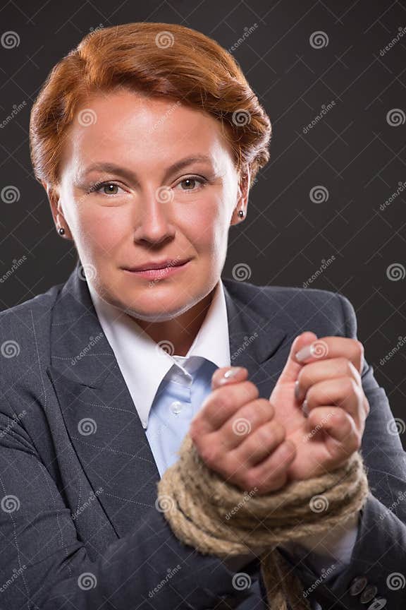 Businesswoman S Hands Tied Up With Rope Stock Image Image Of Struggle
