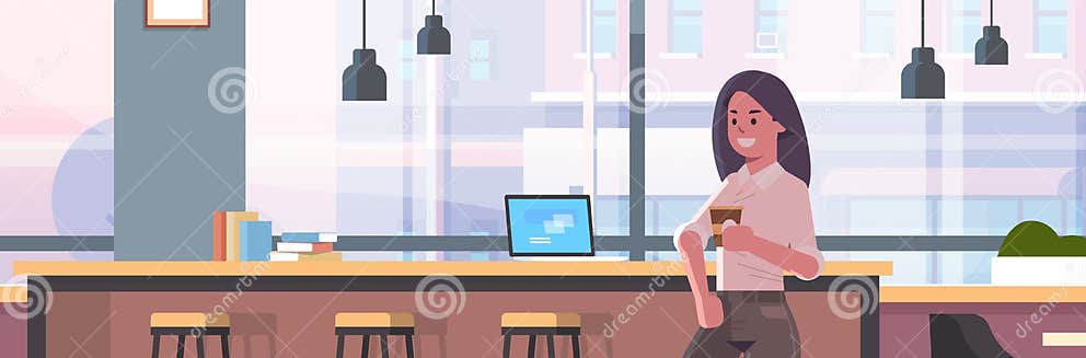Businesswoman Sitting On Chair At Bar Counter With Laptop Coffee Break