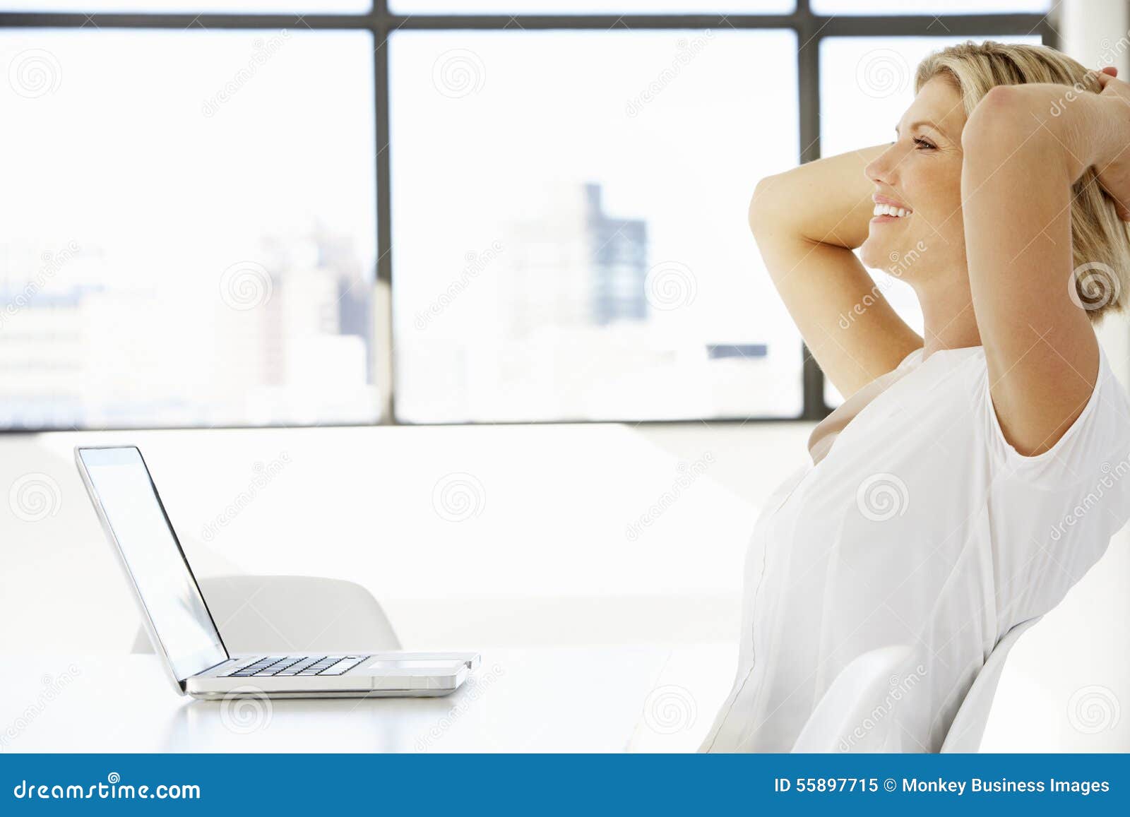 Businesswoman Sitting at Desk in Office Using Laptop Stock Image ...