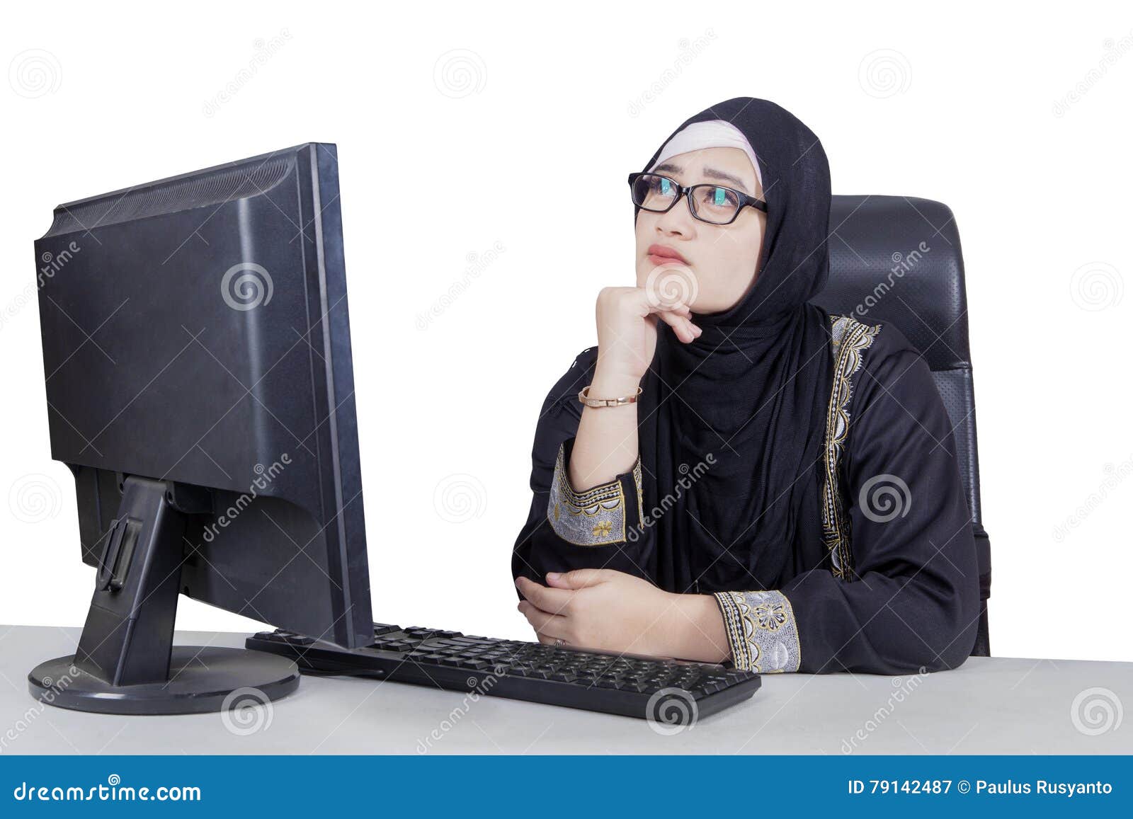 Businesswoman Sitting and Thinking with Computer Stock Image - Image of ...