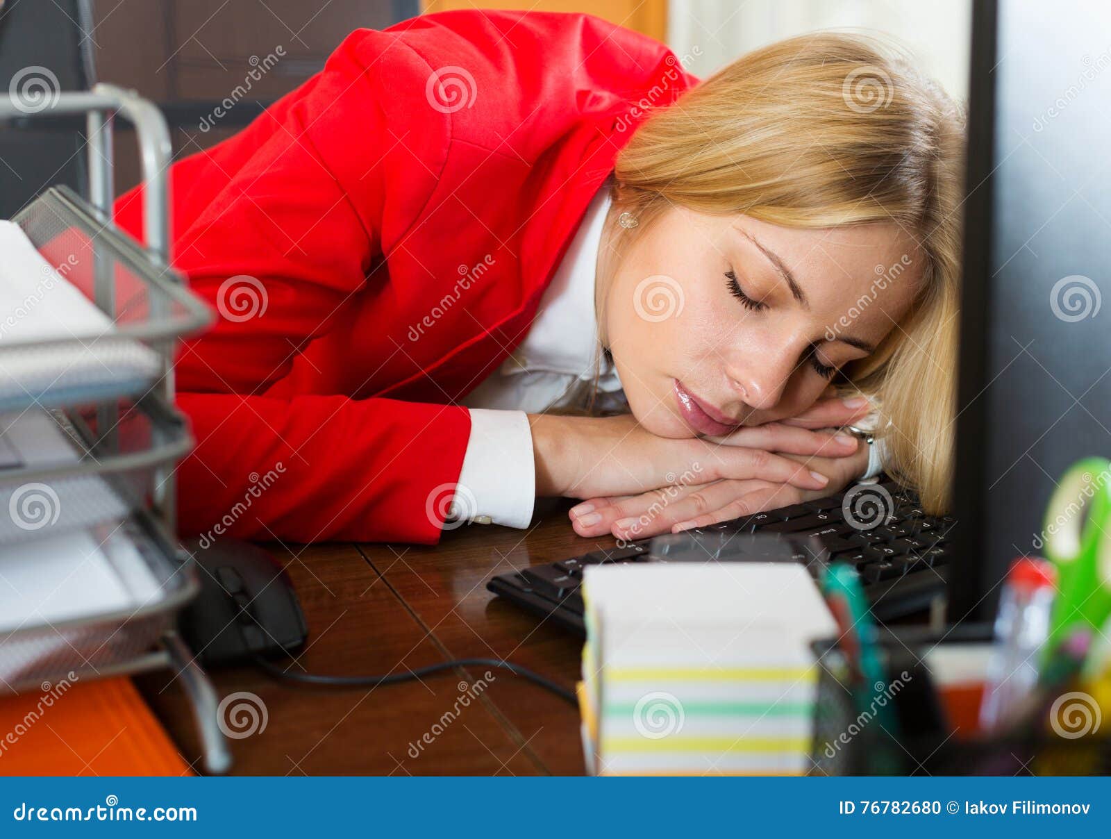 Businesswoman Sleeping at Office Stock Photo - Image of european ...