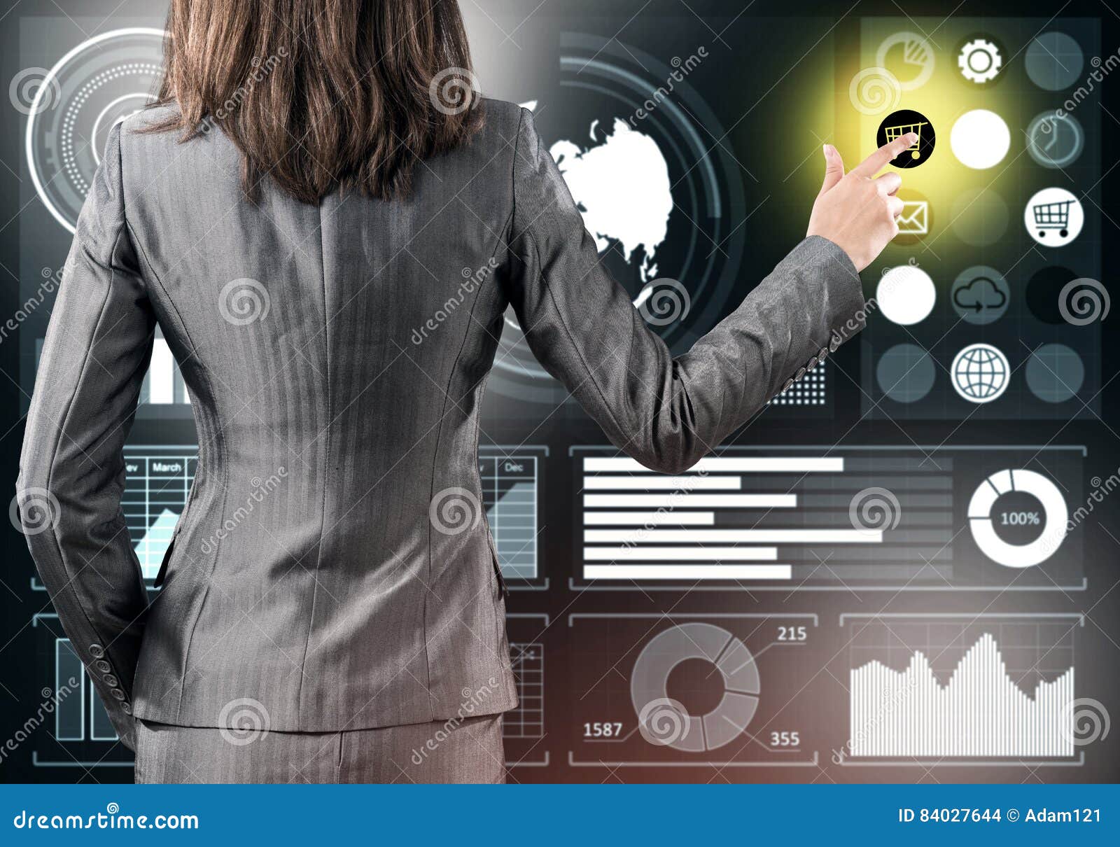 Businesswoman Standing with Back and Pressing Icon on Media Screen ...