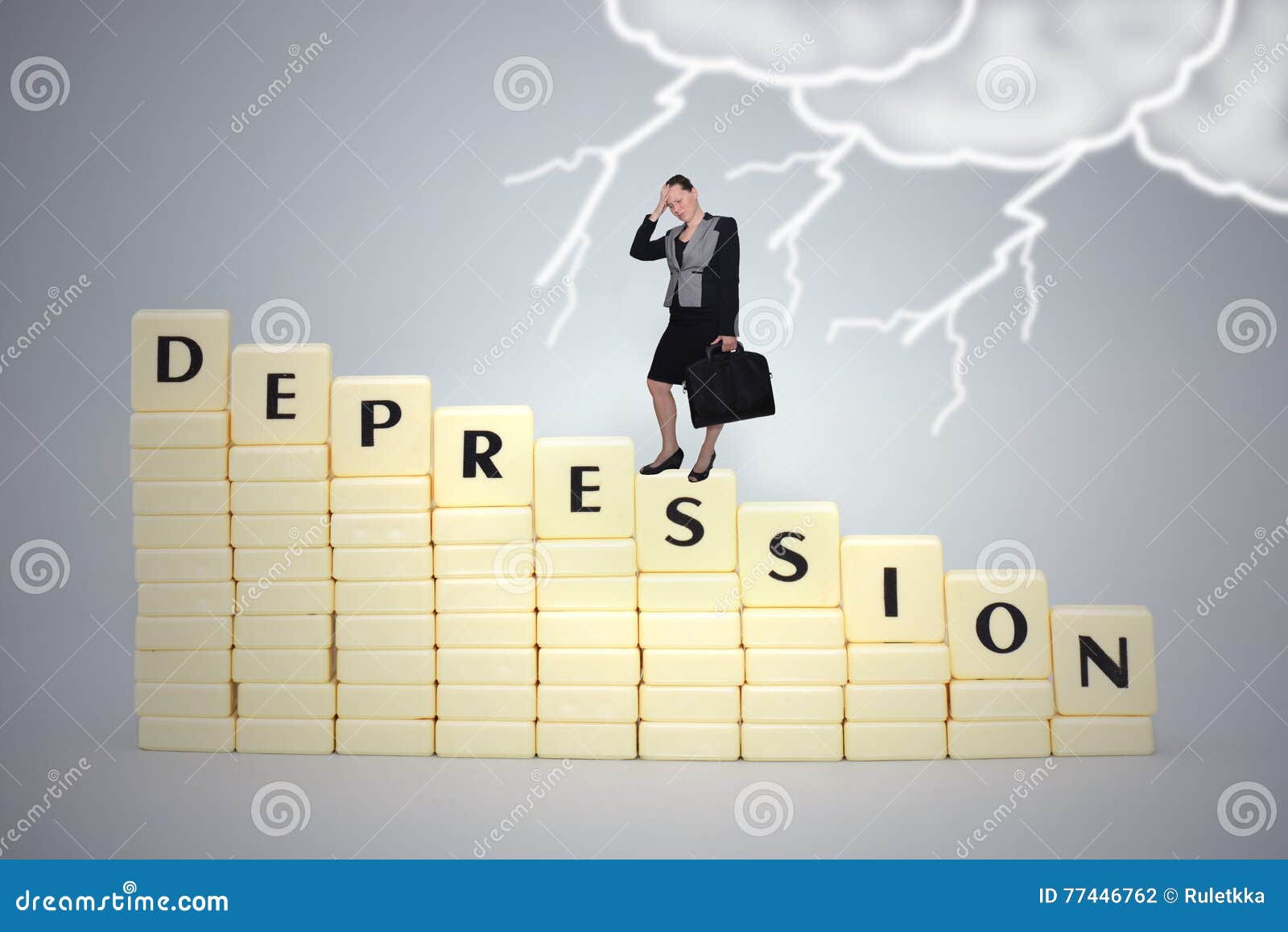 Businesswoman Standing on a Text on Depression, on a Gray Background ...