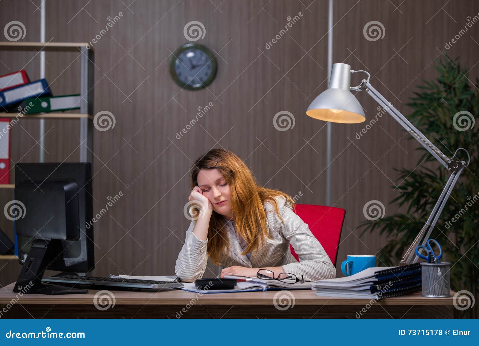 The Businesswoman Staying in the Office for Long Hours Stock Photo ...