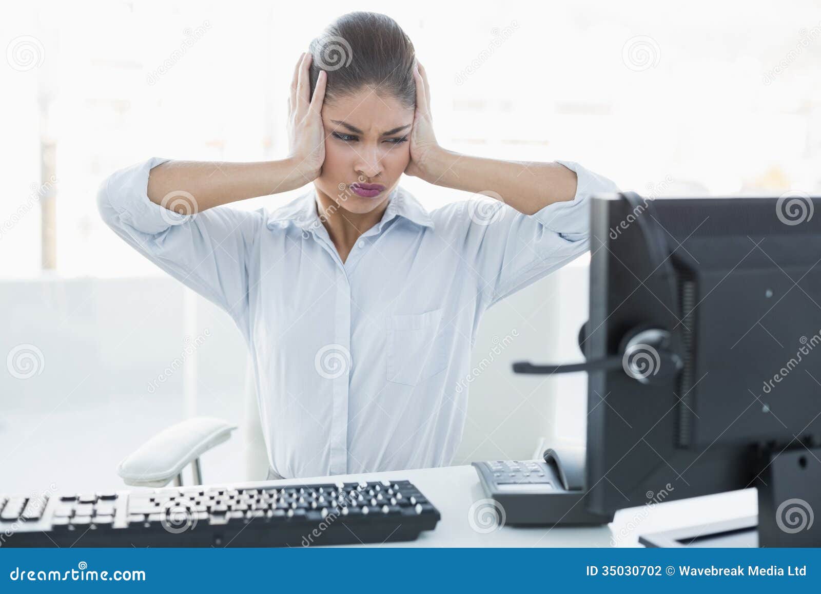 Businesswoman Suffering from Headache in Front of Computer Stock Photo ...