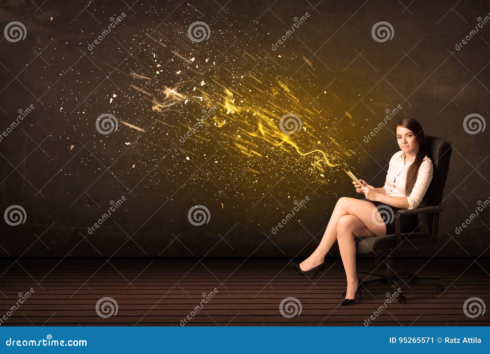 Businesswoman with Tablet and Energy Explosion on Background Stock ...