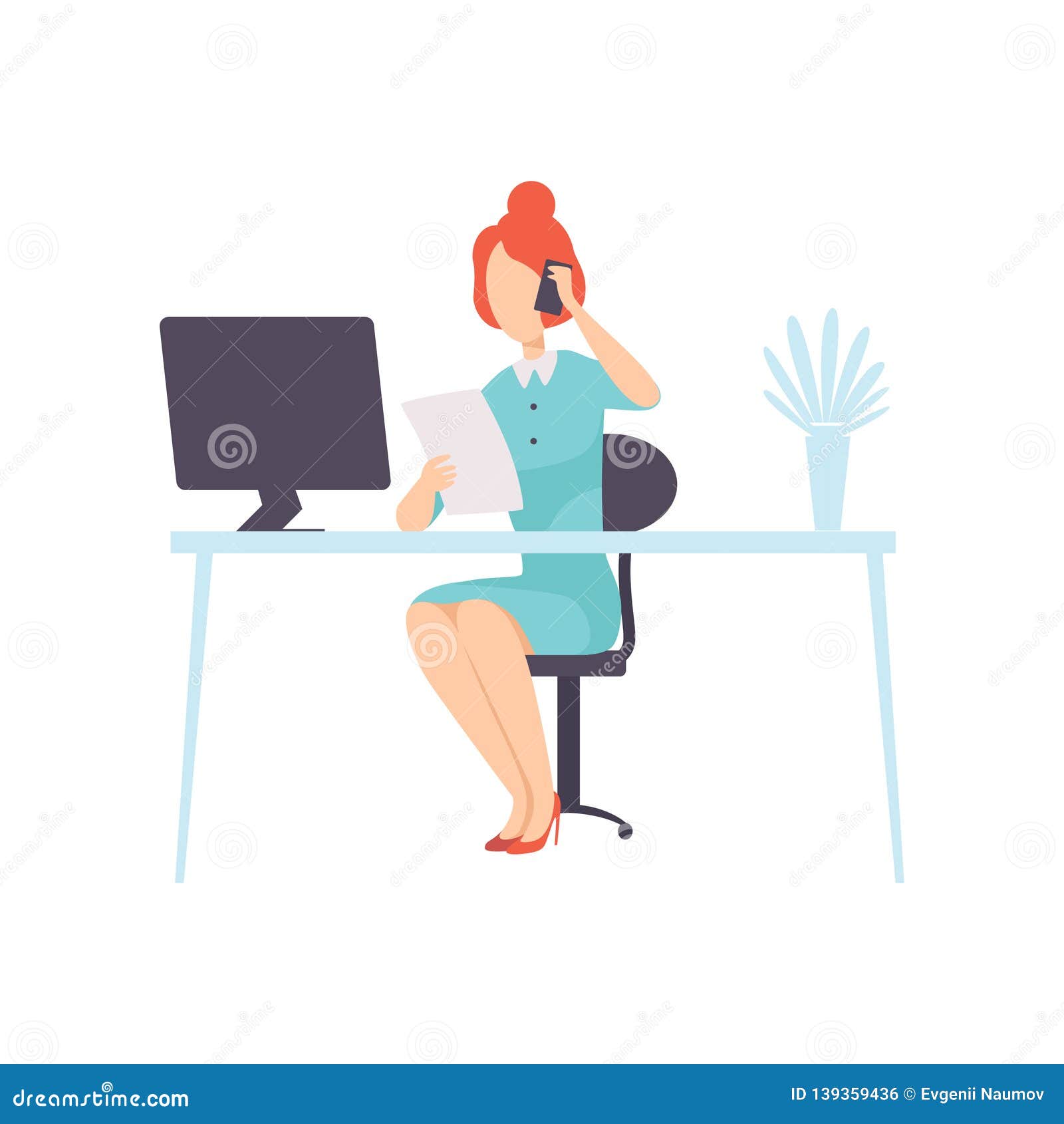 Businesswoman Talking on Phone while Working with Computer, Office ...