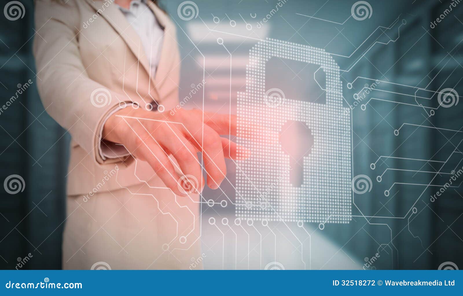 Businesswoman Touching Lock and Circuit Board Graphic Stock ...