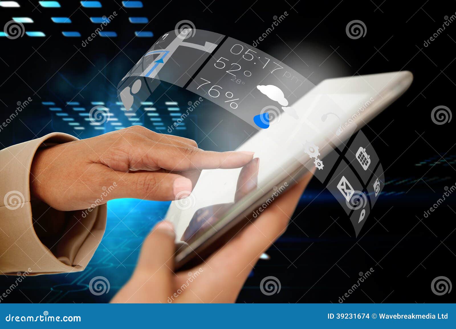 Businesswoman Touching Tablet with App Interface Stock Photo - Image of ...