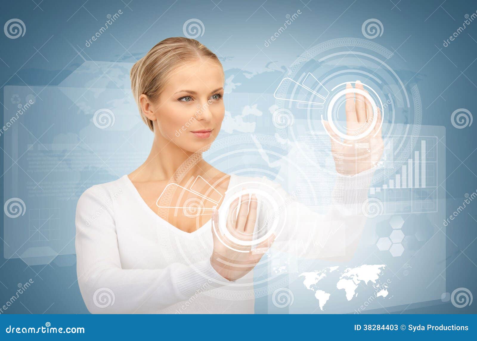 Businesswoman Touching Virtual Screen Stock Image - Image of gadget ...