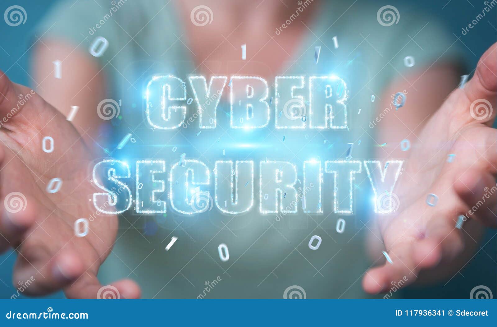 Businesswoman Using Cyber Security Text Hologram 3D Rendering Stock ...