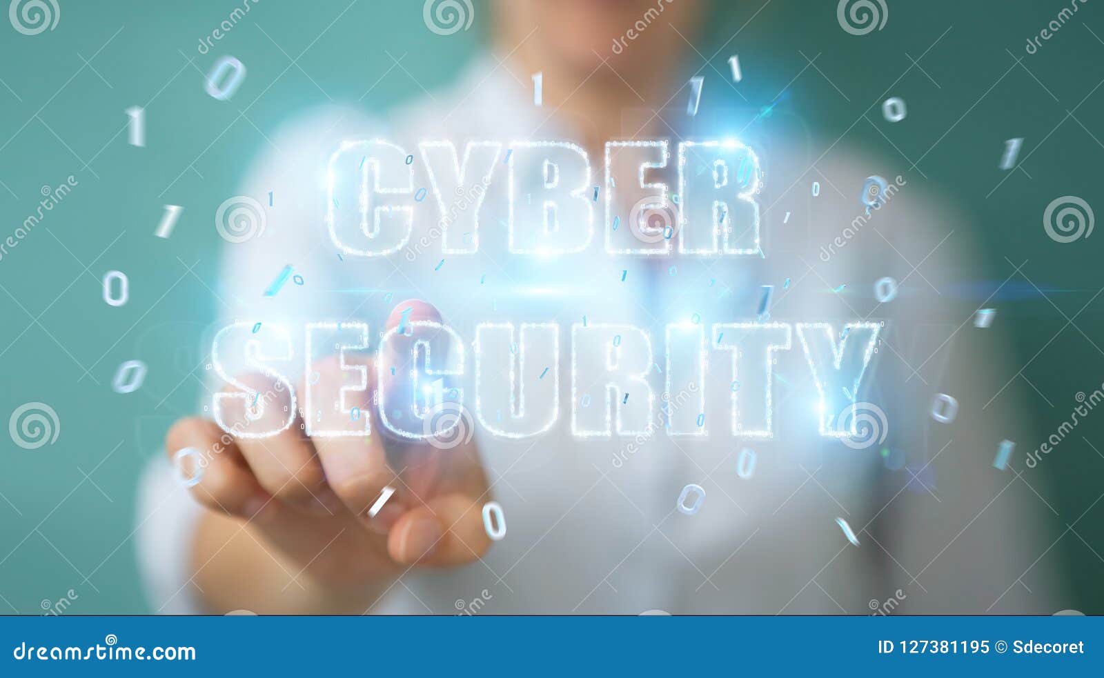 Businesswoman Using Cyber Security Text Hologram 3D Rendering Stock ...