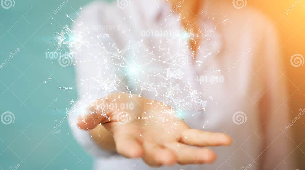 Businesswoman Using Digital Binary Code Connection Network 3D Re Stock ...