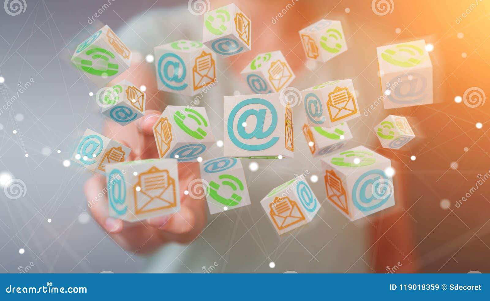 Businesswoman Using Floating Cube Contact 3D Rendering Stock ...