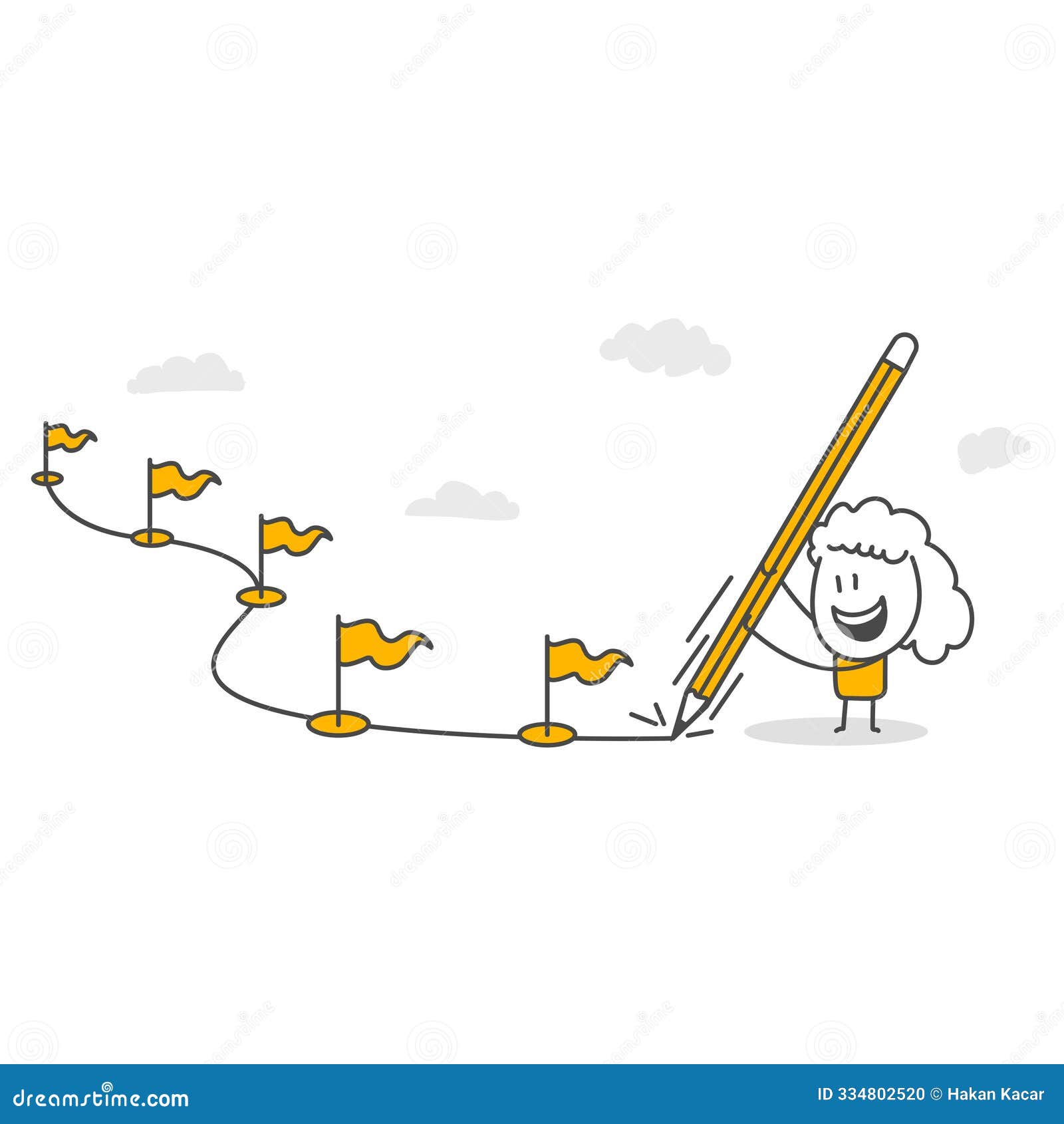 Businesswoman Using Pencil To Draw Workflow Line with Achievement Flag ...