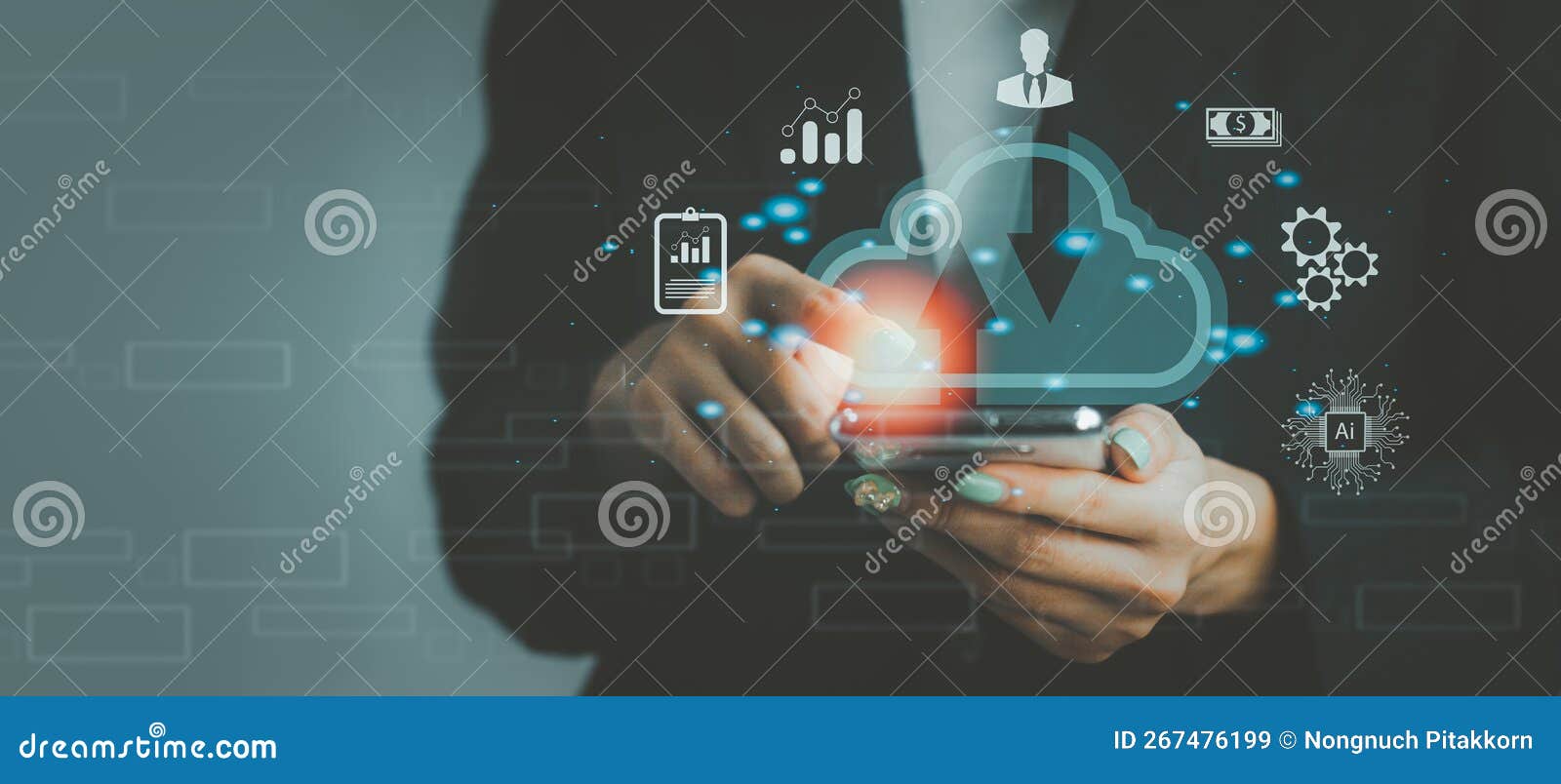 Businesswoman Using Smartphone Connect To Data Information on Cloud Computing Network. Cloud ...