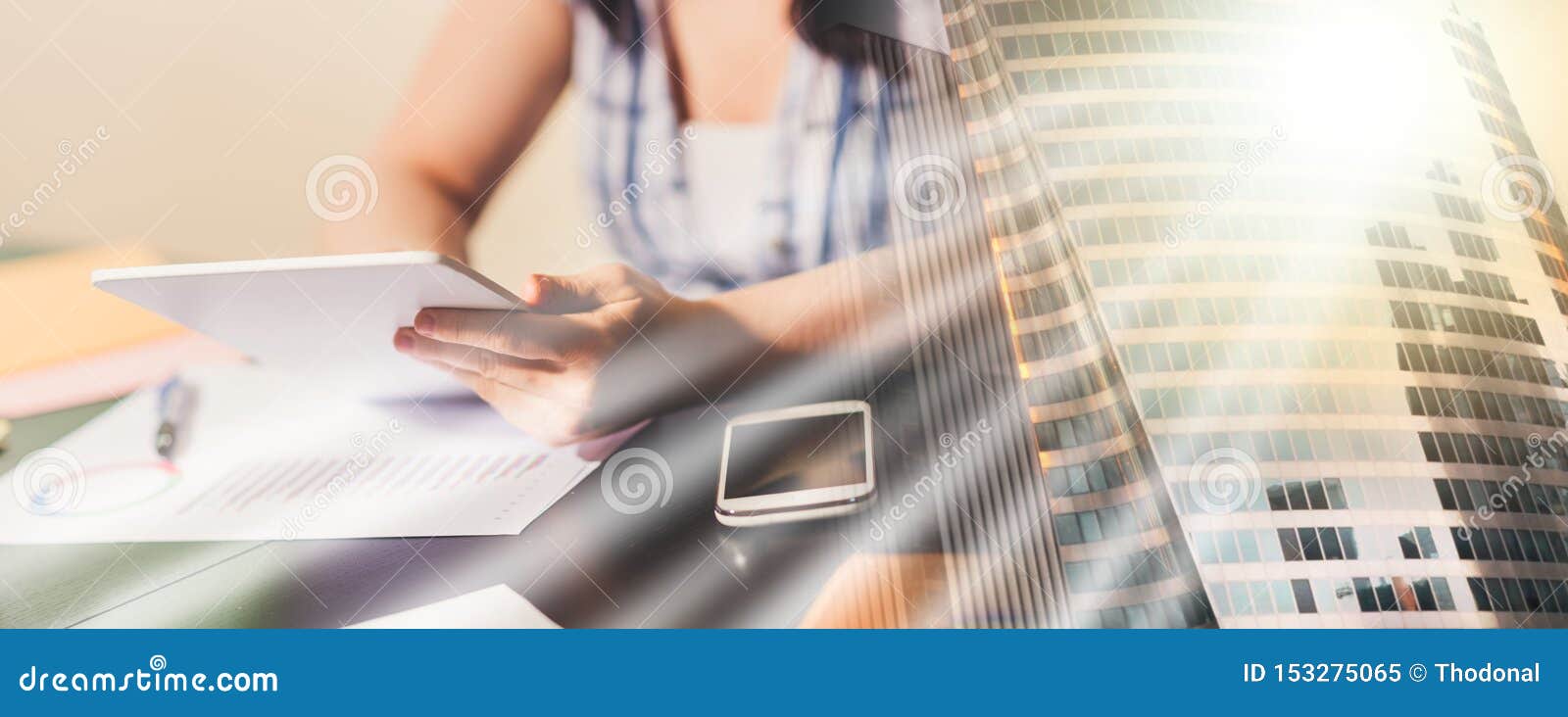 Businesswoman Using a Tablet, Light Effect; Multiple Exposure Stock ...