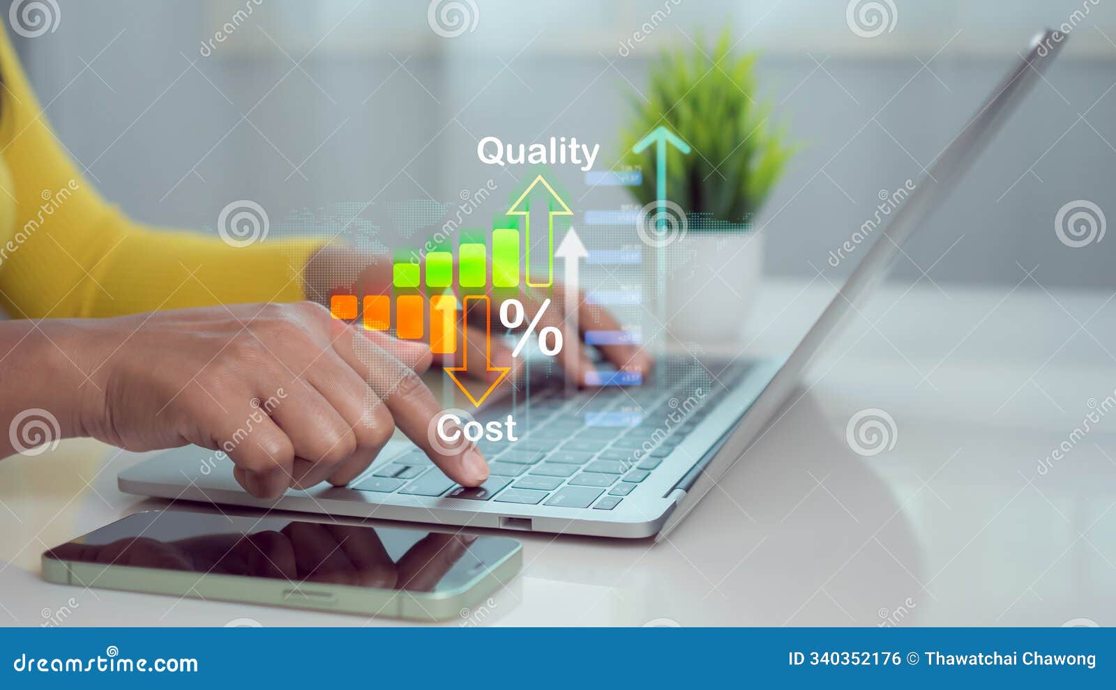 Businesswoman Working on Computer with Quality Control Growth Graph and ...