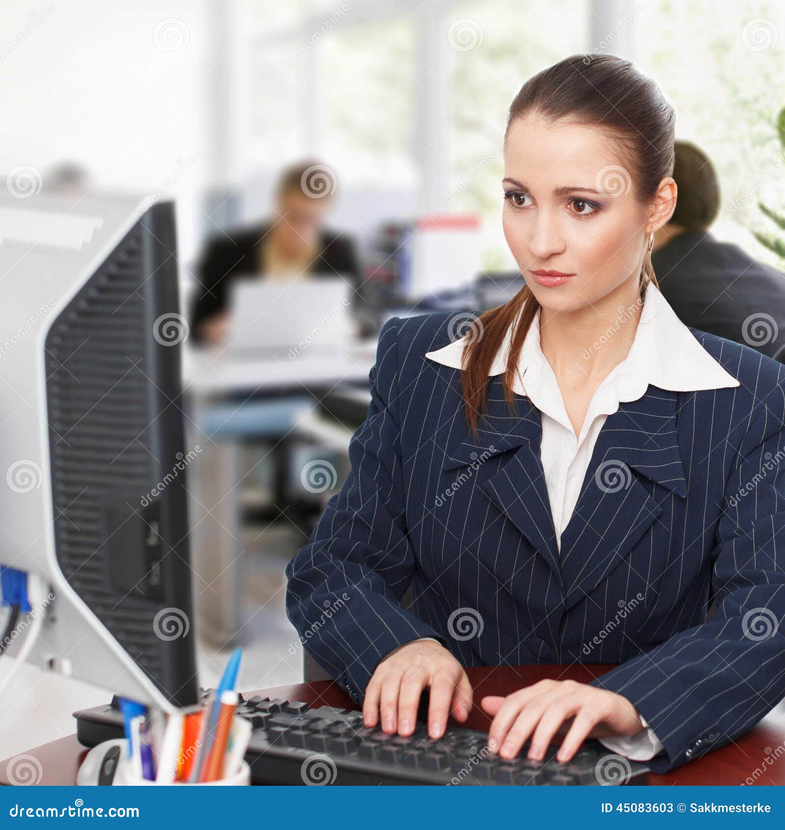 Businesswoman Working on Computer Stock Image - Image of connection ...