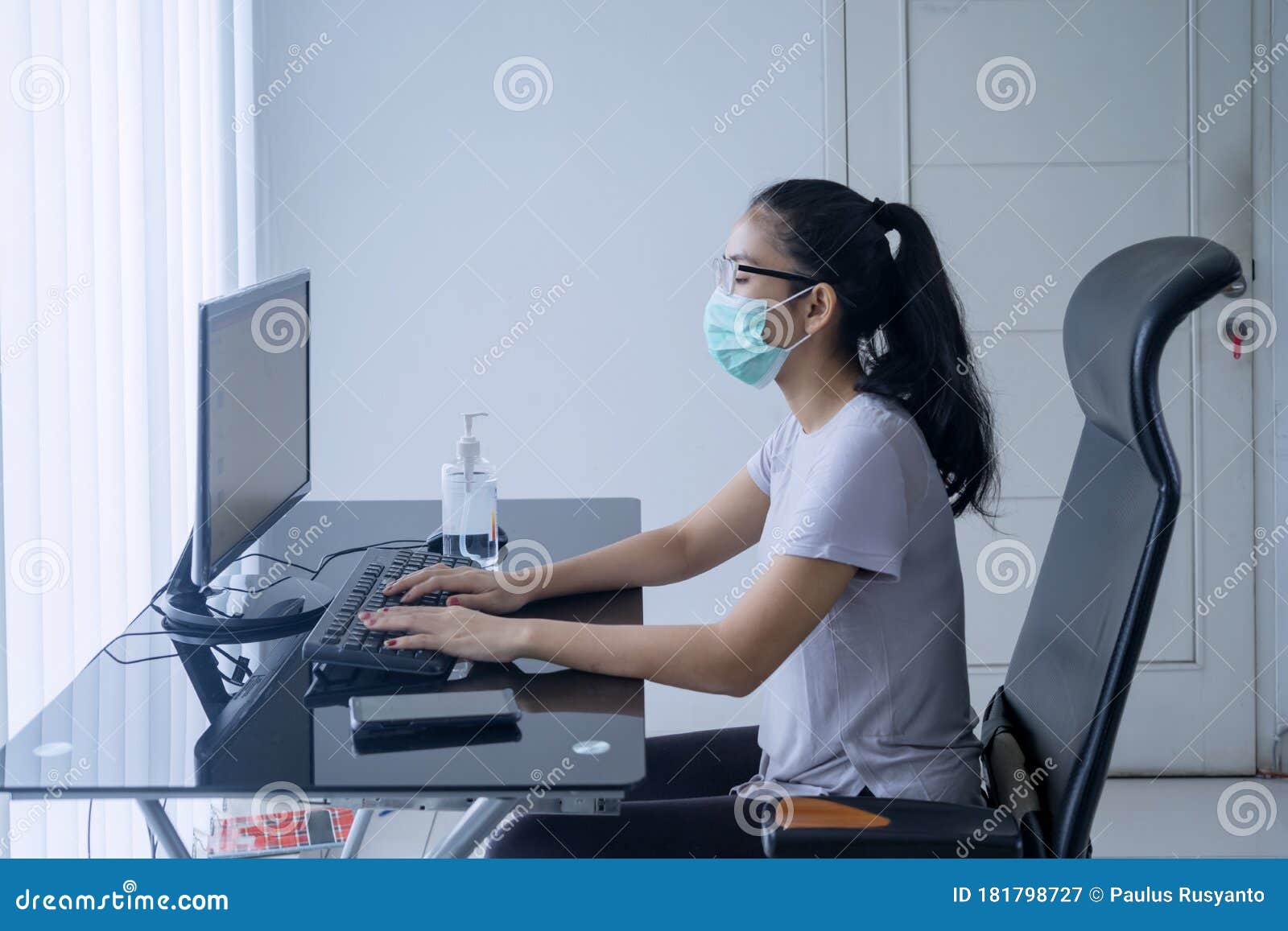 Businesswoman Working at Home with Face Mask Stock Image - Image of ...