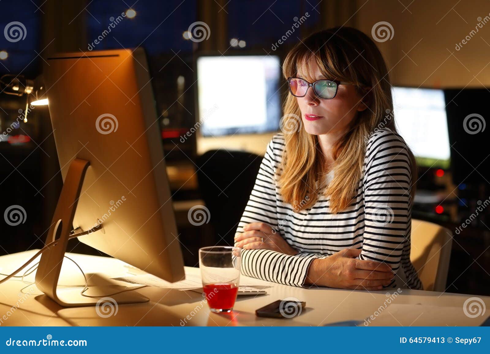 Businesswoman Working Late Night Stock Image - Image of creative, desk ...