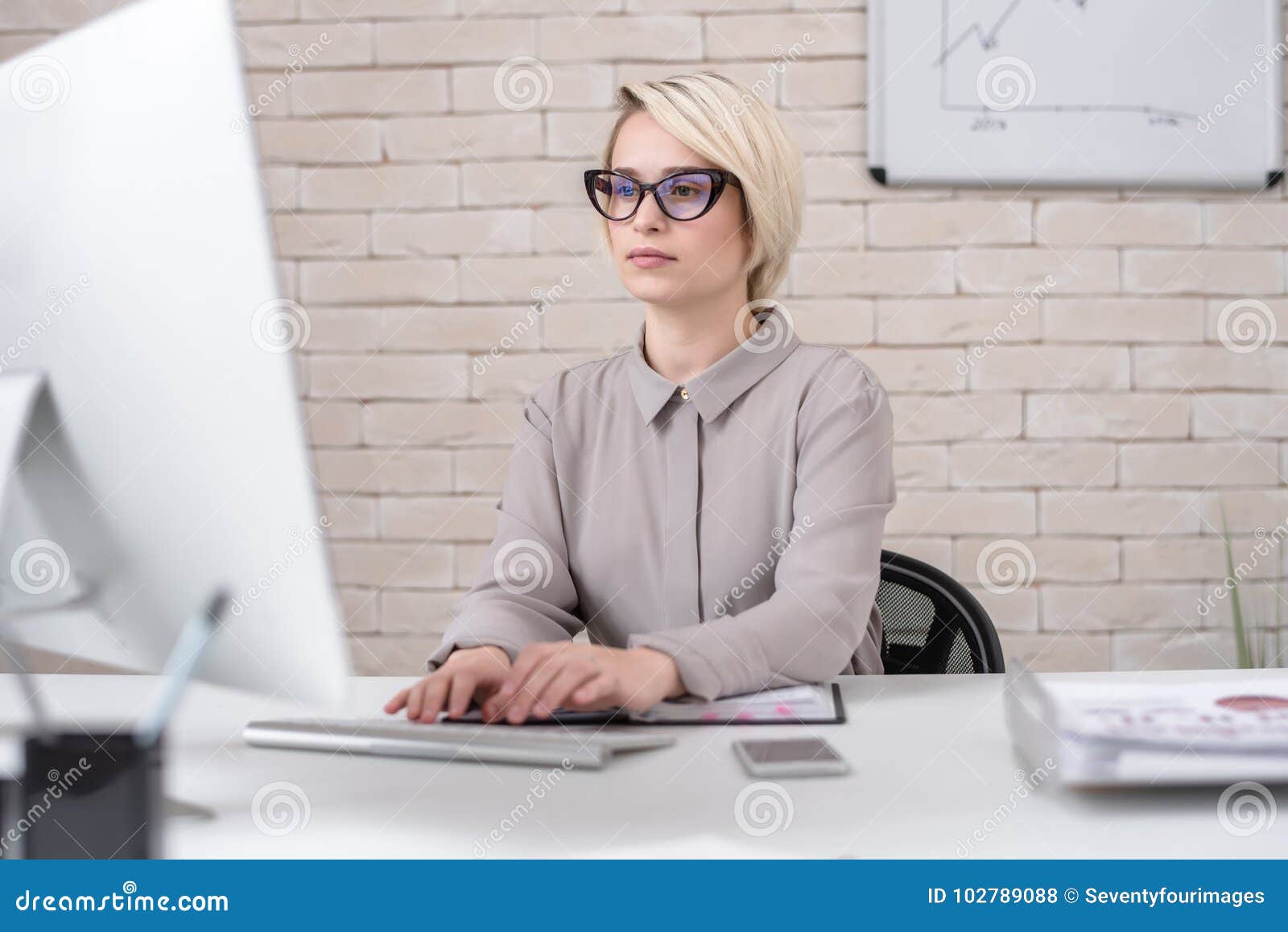 Businesswoman Working with PC in Modern Office Stock Photo - Image of ...