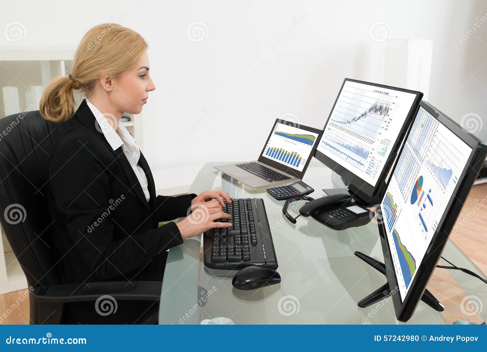 Businesswoman Working with Statistics Data on Computer Stock Photo ...