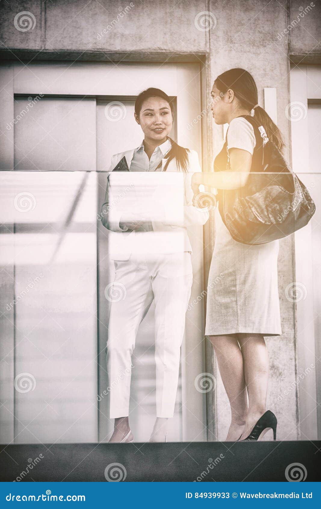 Businesswomen Standing by Elevator and Having Conversation Stock Image ...