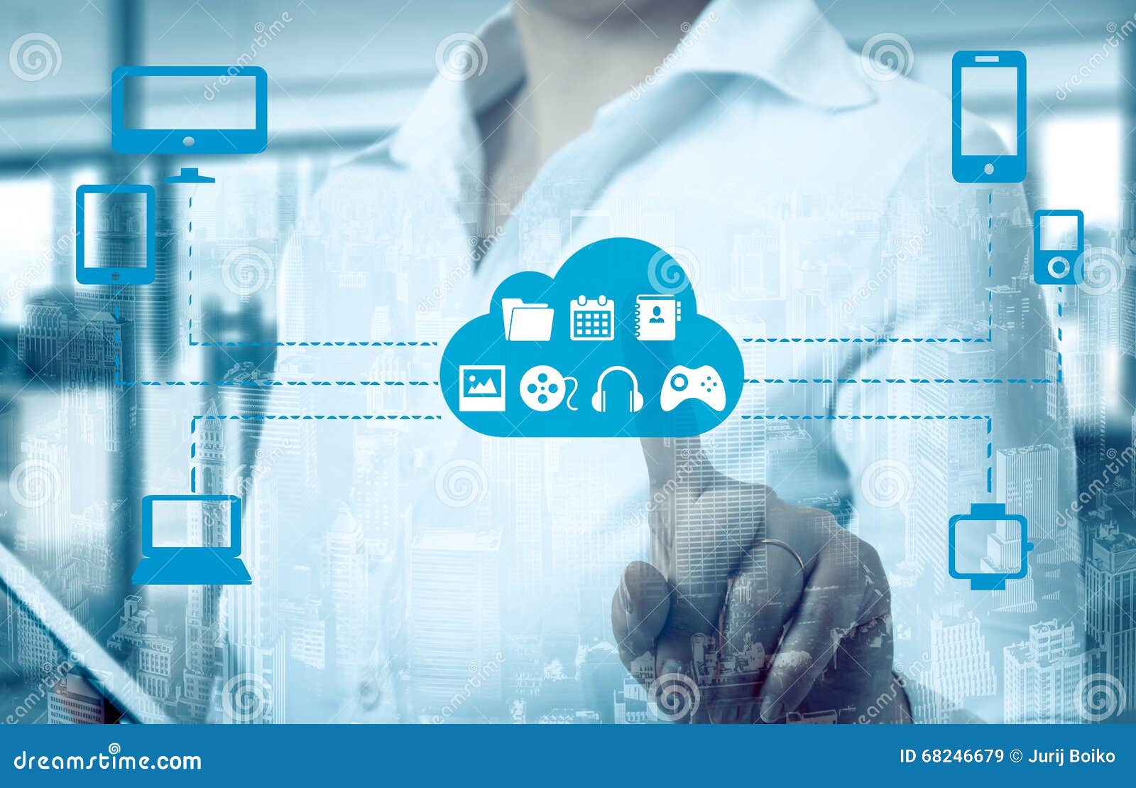 Businesswomen Touching a Cloud Connected To Many Objects on a Virtual ...