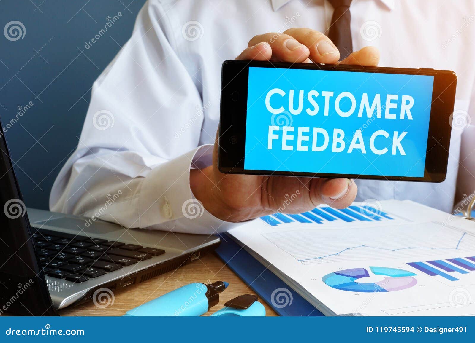 Busnessman Holding Phone with Customer Feedback. Stock Photo - Image of ...