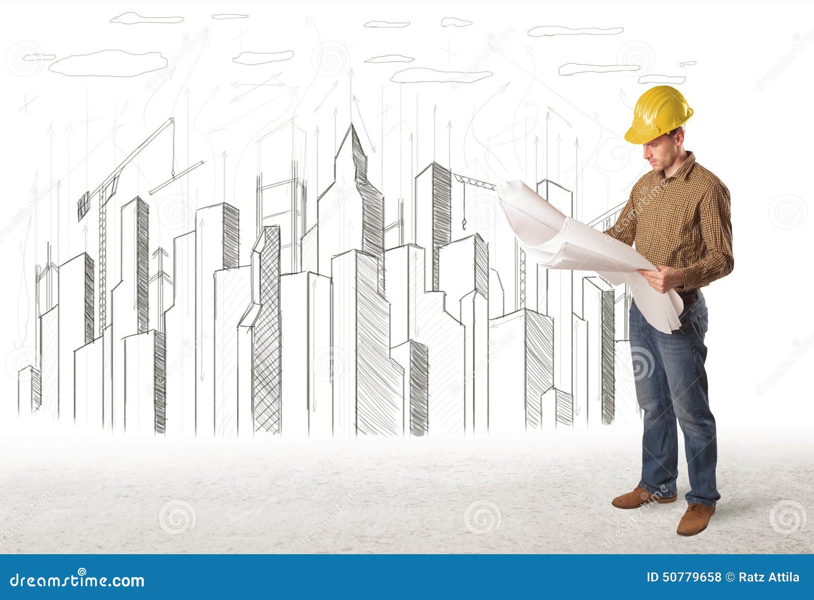 Bussines Engineer Man with Building City Drawing in Background Stock ...