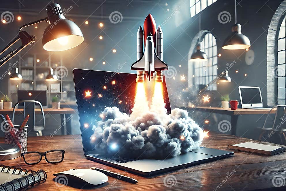 Creative Image of Tiny Rocket Launching from the Laptop ,bussiness ...