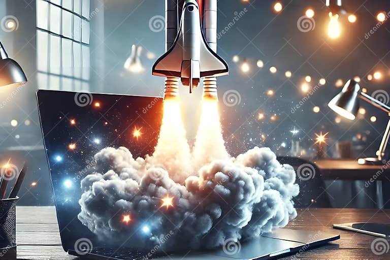 Creative Image of Tiny Rocket Launching from the Laptop ,bussiness ...