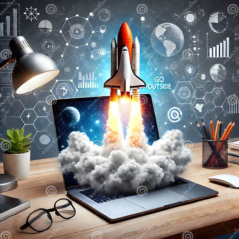 Creative Image of Tiny Rocket Launching from the Laptop ,bussiness ...
