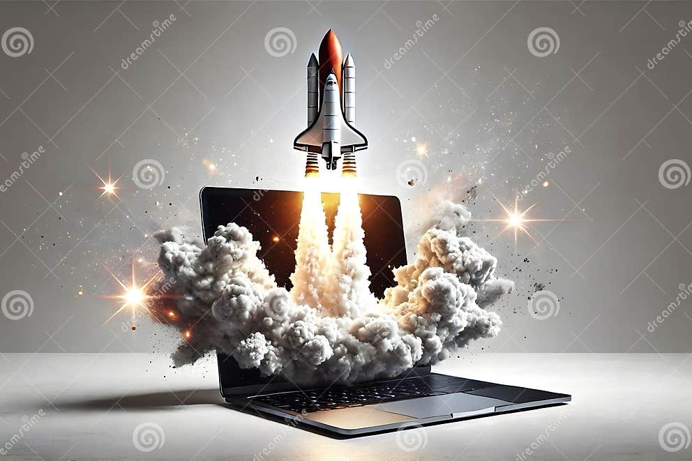 Creative Image of Tiny Rocket Launching from the Laptop ,bussiness ...