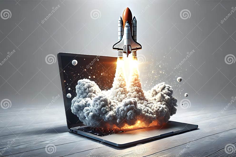 Creative Image of Tiny Rocket Launching from the Laptop ,bussiness ...
