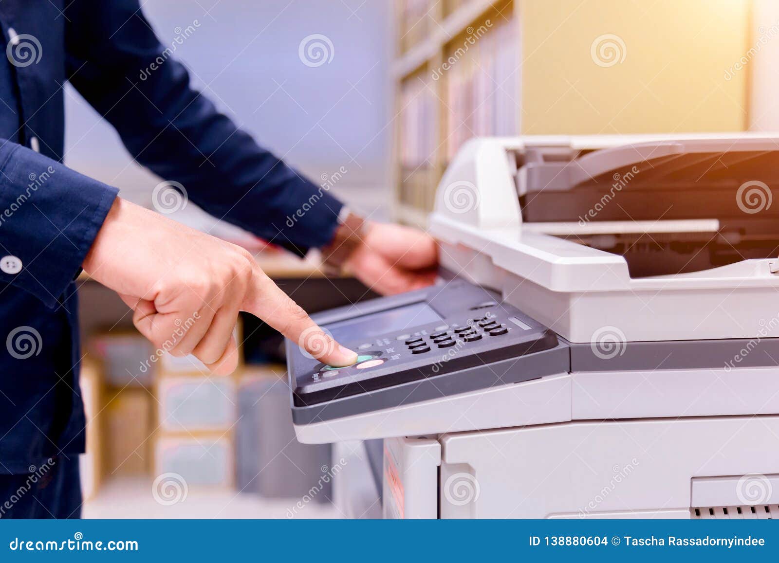 Bussiness Man Hand Press Button on Panel of Printer. Stock Photo ...