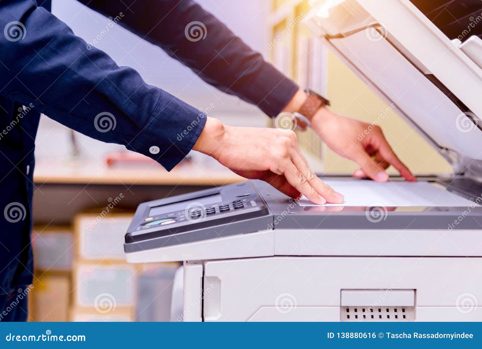 Bussiness Man Hand Press Button on Panel of Printer. Stock Photo ...
