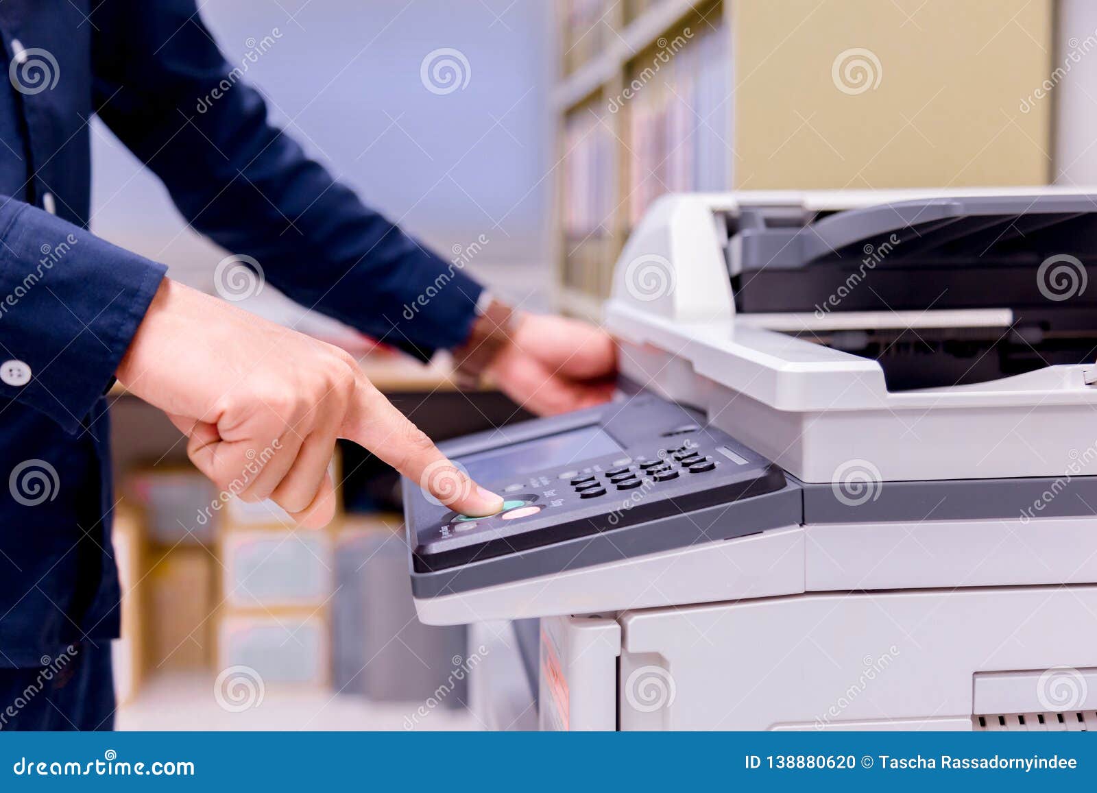 Bussiness Man Hand Press Button on Panel of Printer. Stock Photo ...