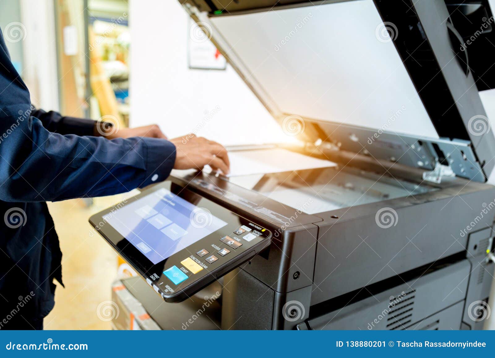 Bussiness Man Hand Press Button on Panel of Printer, Printer Scanner ...