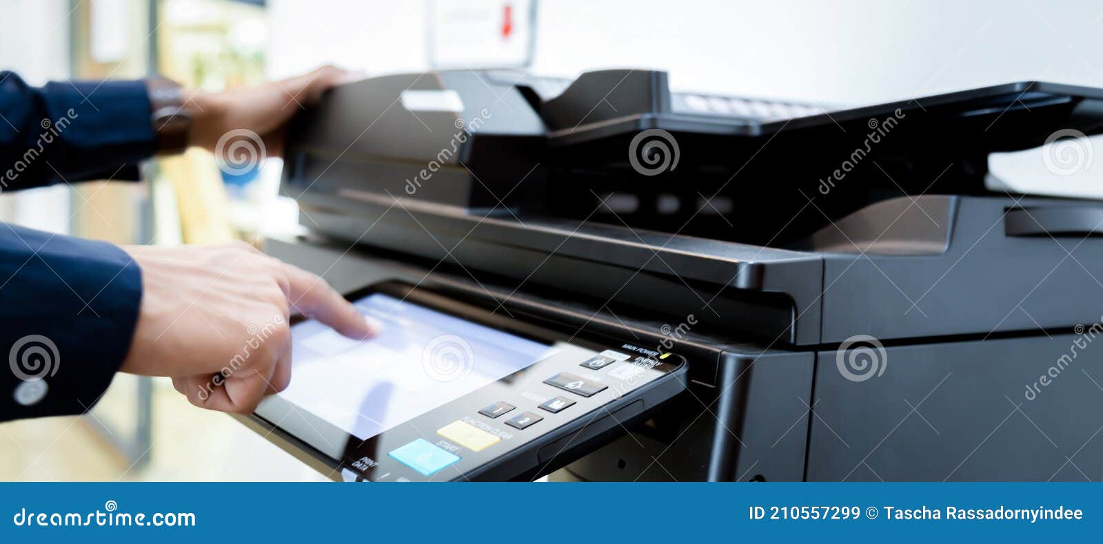 Bussiness Man Hand Press Button on Panel of Printer, Printer Scanner ...