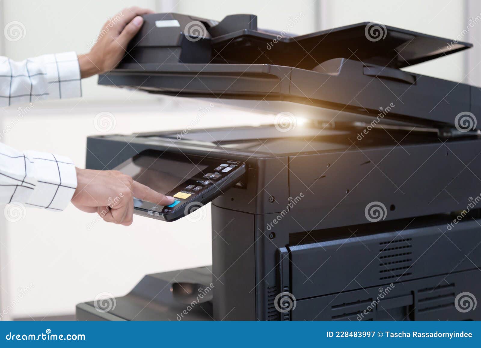 Bussinessman Press Button on Panel of Printer Photocopier Network ...