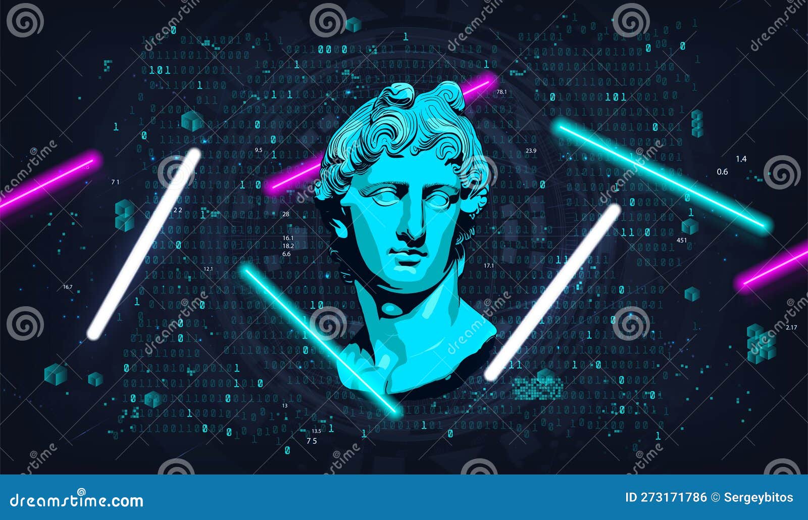 Bust 3d Against a Futuristic Background, Binary Code, and Neon Lamps ...