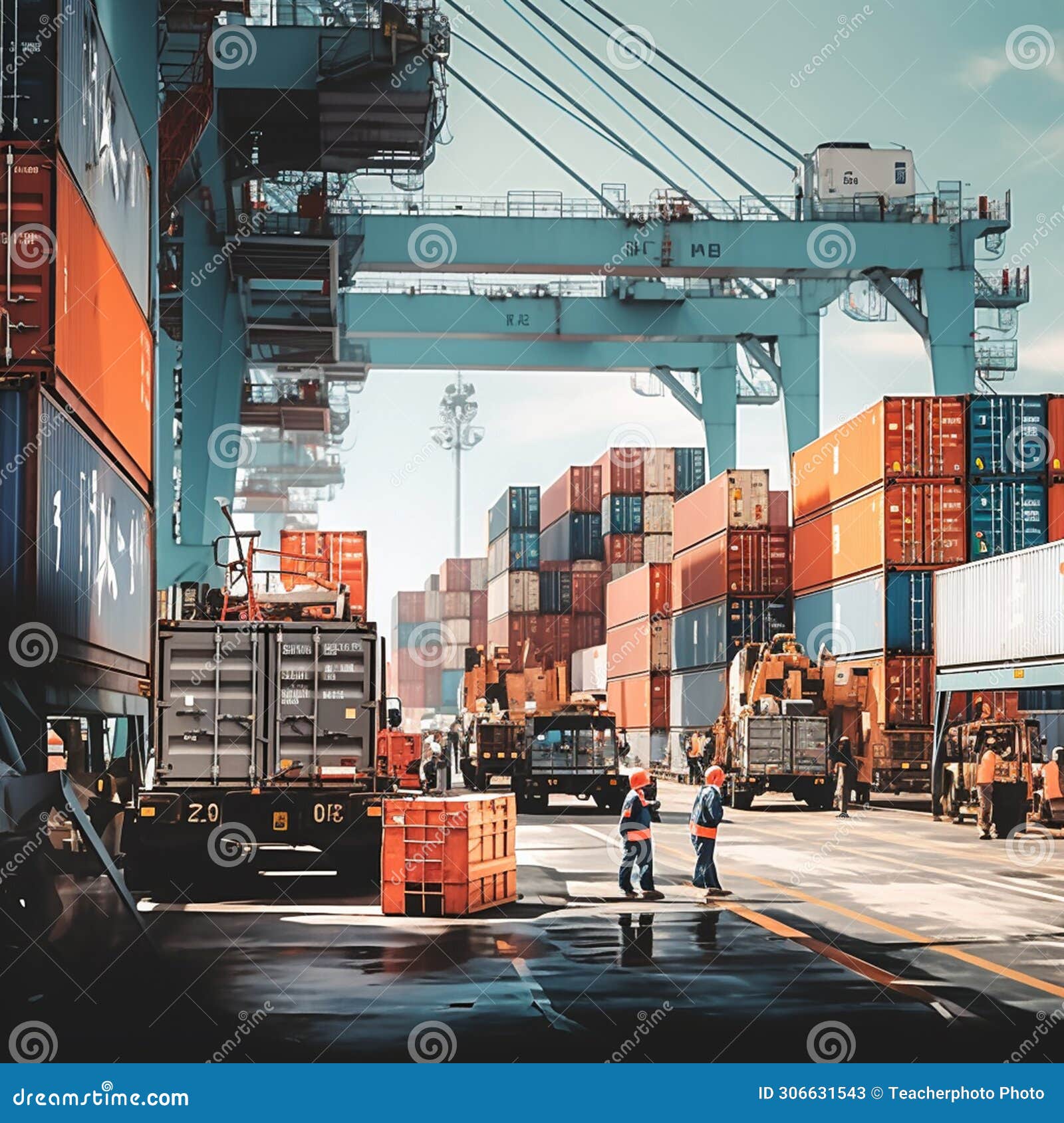 The Bustling Activity at the Port with Workers Loading Cargo Containers ...