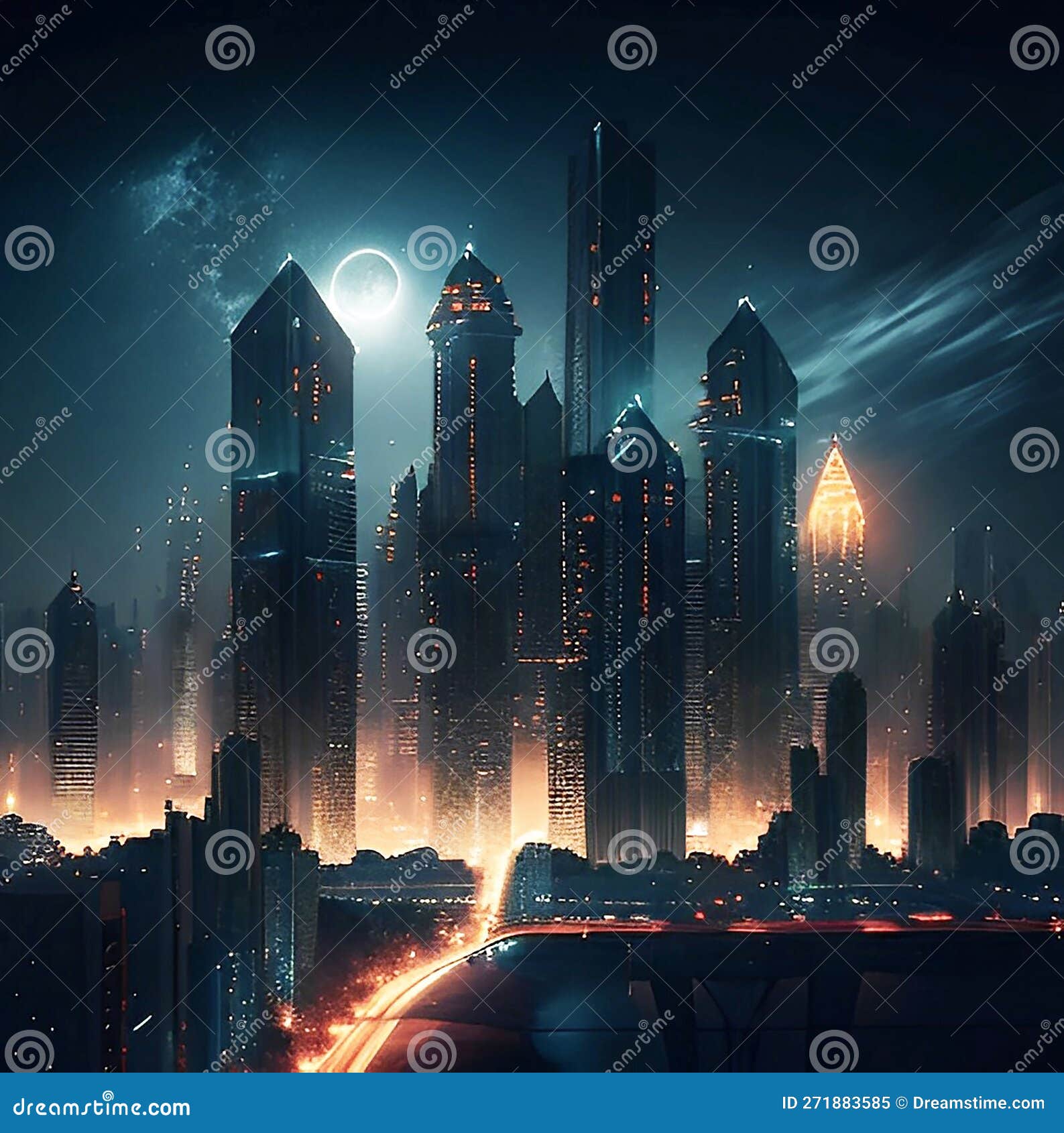 Bustling City Skyline at Night with Lights Glowing, Generative AI Stock ...